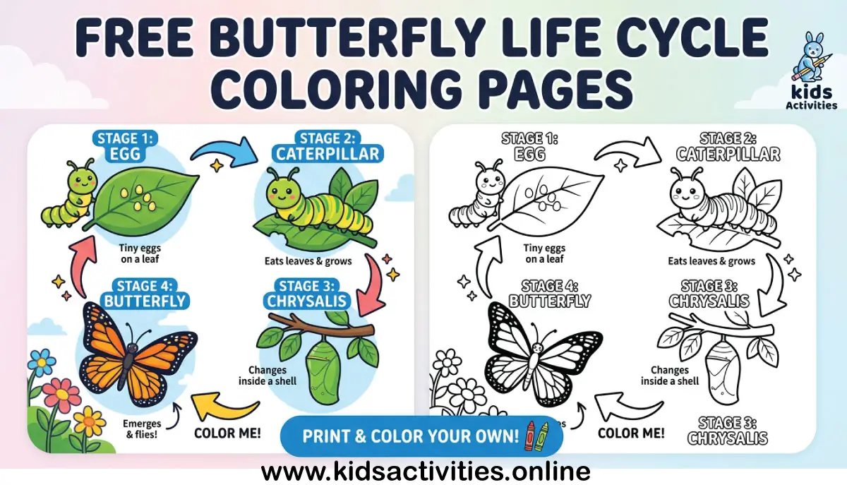 🦋 Butterfly Life Cycle Coloring Pages – Free Printable PDF ⋆ Kids ...